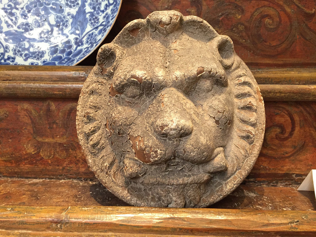 Pair Cast Iron Lion Mask in their original paint - Garden Court Antiques