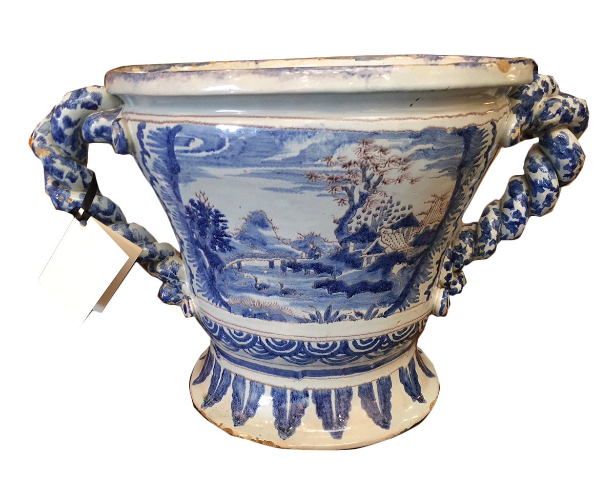 Blue & White French Faience Pot with Twisted Handles - Garden Court ...