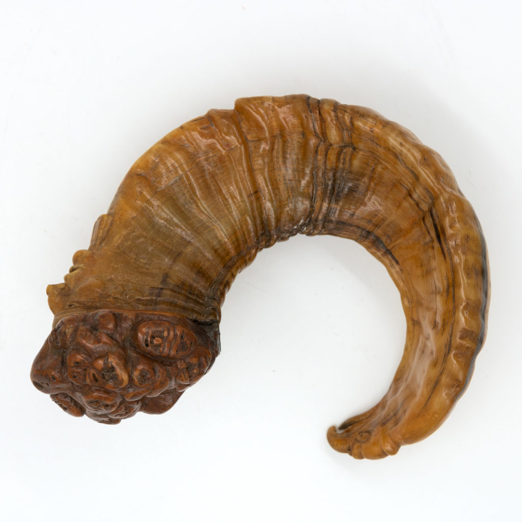 Rare Scottish Ram's Horn w Carved Grotesques, early 1800's (415) 355-1690