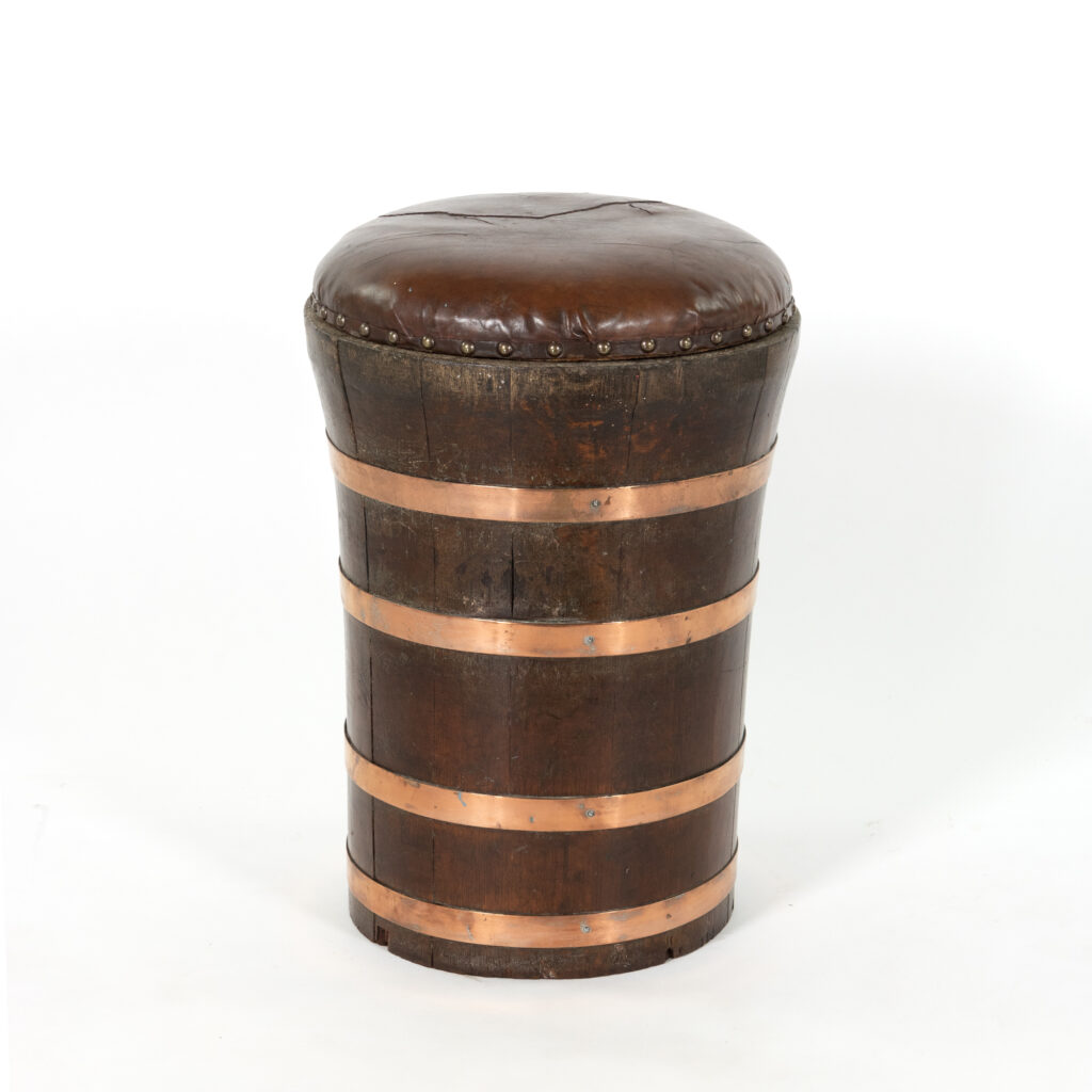 Copper Banded Oak Barrel Stool with Leather Top; English, Circa 1870 ...